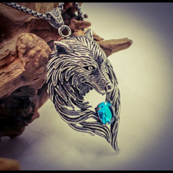 Vintage | Jewelry | Vtg Stainless Steel Blue Sapphire Wolf Necklace ...